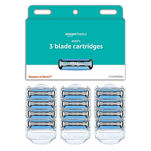 Amazon Basics 3-Blade Razor Refills for Men with Dual Lubrication, 12 Cartridges (Fits Amazon Basics Razor Handles only) (Previously Solimo)