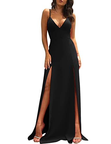 TOB Women's Sexy Sleeveless Spaghetti Strap Backless Split Cocktail Long Dress Black