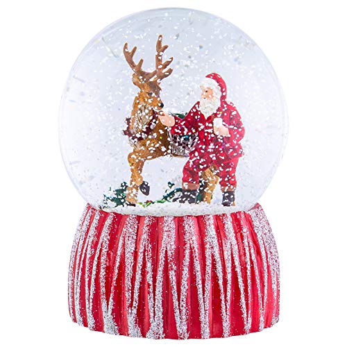 Musical Santa Deer and Cookies Rosy Red 7 inch Resin Holiday Windup Snow Globe