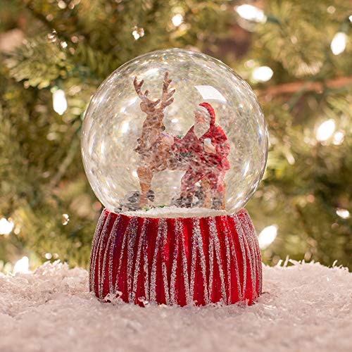 Musical Santa Deer and Cookies Rosy Red 7 inch Resin Holiday Windup Snow Globe