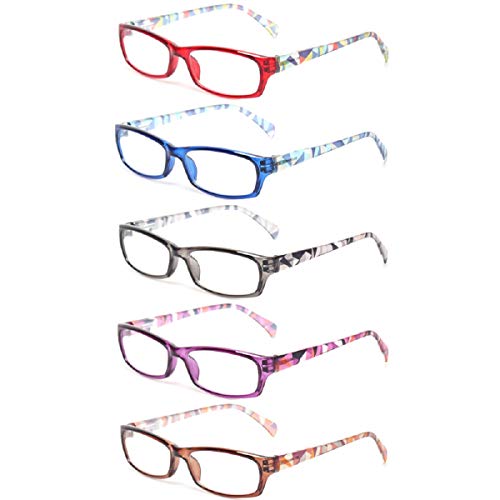 Kerecsen Reading Glasses 5 Pairs Fashion Ladies Readers Spring Hinge with Pattern Print Eyeglasses for Women (5 Pack Mix Color, 2.25)