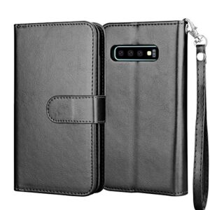 NJJEX Wallet Case for Galaxy S10 Plus, for Galaxy S10+ Case, PU Leather [9 Card Slots] Credit Holder Folio Flip [Detachable][Kickstand] Magnetic Phone Cover & Wrist Strap for Samsung S10 Plus [Black]