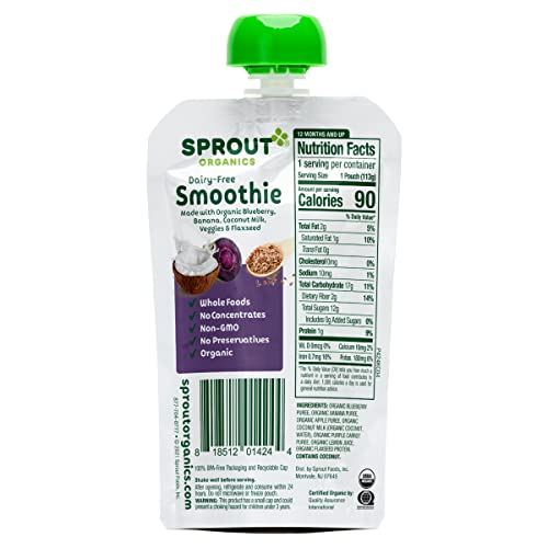 Sprout Organic Baby Food, Stage 4 Toddler Smoothie Pouches, Blueberry Banana with Coconut Milk, 4 Oz Purees 12 Count(Pack of 1)