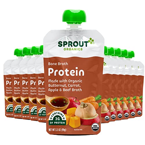 Sprout Organic Baby Food, Stage 2 Pouches, Butternut Squash, Carrot, and Apple with Beef Bone Broth, 3.5 Oz Purees (Pack of 12)