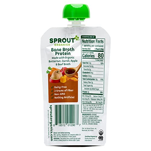 Sprout Organic Baby Food, Stage 2 Pouches, Butternut Squash, Carrot, and Apple with Beef Bone Broth, 3.5 Oz Purees (Pack of 12)