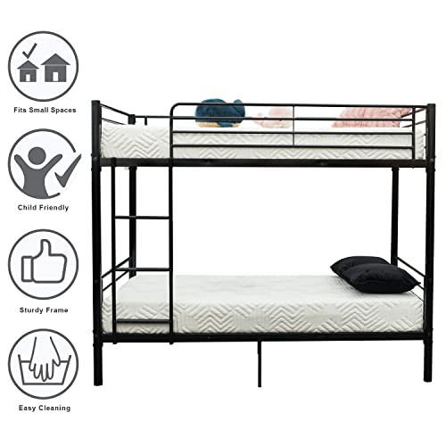 Bonnlo Bunk Bed Twin Over Twin, Twin Bunk Beds for Kids/Teens/Adults, Flat Ladder and High Guardrail, Metal Bunk Bed with Stairs, Black