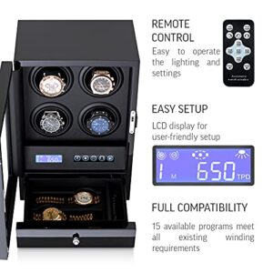 Automatic Watch Winder Box with Watches and Jewellery Storage Drawer, LED Backlight and LCD Touchscreen Control (Black + Black)