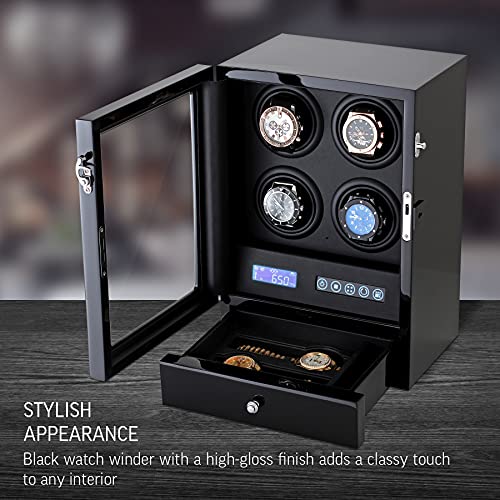 Automatic Watch Winder Box with Watches and Jewellery Storage Drawer, LED Backlight and LCD Touchscreen Control (Black + Black)