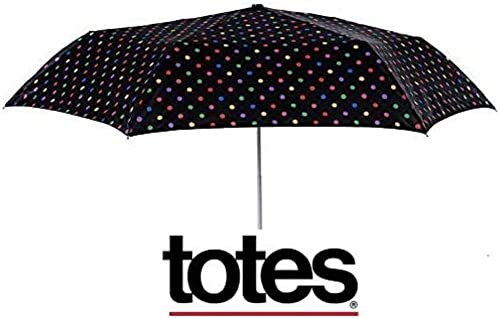 Totes Micro Mini Manual Compact Umbrella, NeverWet technology, Colorful dots on black, 38" arc Coverage