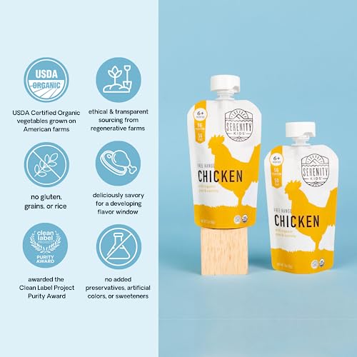 Serenity Kids 6+ Months Baby Food Pouches Puree Made With Ethically Sourced Meats & Organic Veggies | 3.5 Ounce BPA-Free Pouch | Free Range Chicken, Pea, Carrot | 1 Count