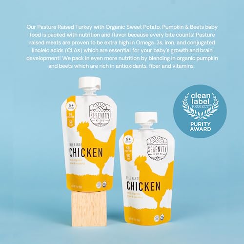 Serenity Kids 6+ Months Baby Food Pouches Puree Made With Ethically Sourced Meats & Organic Veggies | 3.5 Ounce BPA-Free Pouch | Free Range Chicken, Pea, Carrot | 1 Count