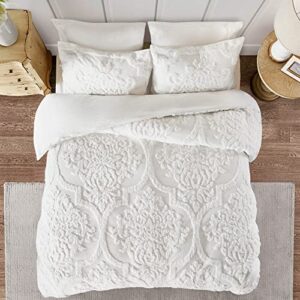 madison park tufted chenille 100% cotton duvet- modern luxe all season comforter cover bed set with matching shams, king/cal king(104"x92"), damask off white 3 piece