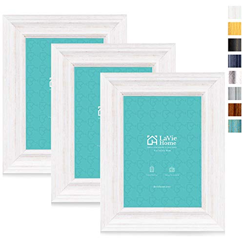 LaVie Home 5x7 Picture Frames (3 Pack, Distressed White Wood Grain) Rustic Photo Frame Set with High Definition Glass for Wall Mount & Table Top Display