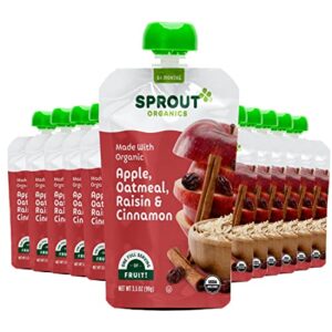 sprout organic baby food, stage 2 pouches, apple oatmeal raisin with cinnamon, 3.5 oz purees (pack of 12)