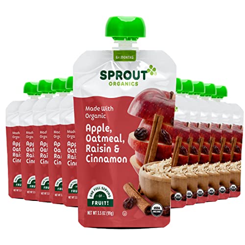 Sprout Organic Baby Food, Stage 2 Pouches, Apple Oatmeal Raisin with Cinnamon, 3.5 Oz Purees (Pack of 12)