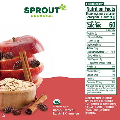 Sprout Organic Baby Food, Stage 2 Pouches, Apple Oatmeal Raisin with Cinnamon, 3.5 Oz Purees (Pack of 12)