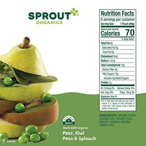 Sprout Organic Baby Food, Stage 2 Pouches, Fruit & Veggie Blend, Pear Kiwi Peas & Spinach, 3.5 Oz Purees (Pack of 12)