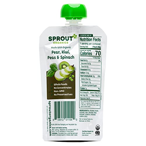 Sprout Organic Baby Food, Stage 2 Pouches, Fruit & Veggie Blend, Pear Kiwi Peas & Spinach, 3.5 Oz Purees (Pack of 12)