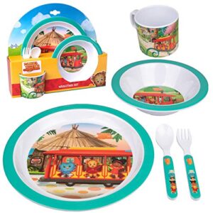 daniel tiger 5 pc mealtime feeding set for kids and toddlers - includes plate, bowl, cup, fork and spoon utensil flatware - durable, dishwasher safe, bpa free (green)