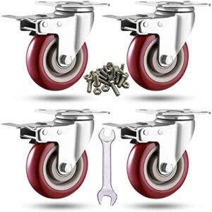 abslimus 4 inch heavy duty casters load 2400lbs, lockable bearing plate caster wheels with brakes, 360-degree swivel casters for furniture and workbench cart, set of 4 (free screws and a spanner)