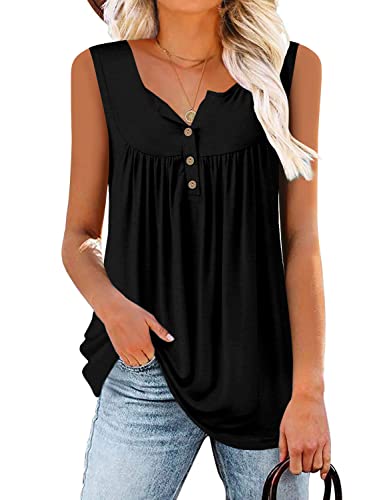 Casual Loose Tops for Women Buttons T Shirts Sleeveless Tunics for Leggings Black XXL