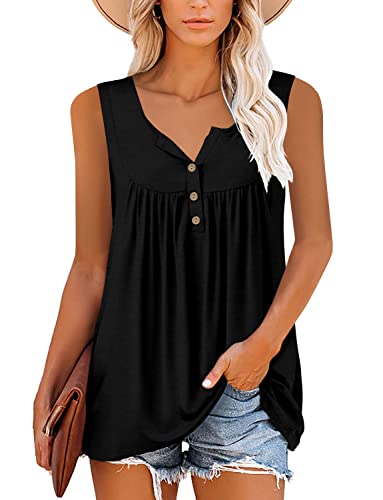 Casual Loose Tops for Women Buttons T Shirts Sleeveless Tunics for Leggings Black XXL