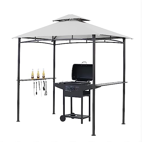 Outdoor Double Tiered Grill Gazebo BBQ Patio Canopy Tent,Party Tent with Pendant Light and Floor Fixing L96 x W60 x H101(White)