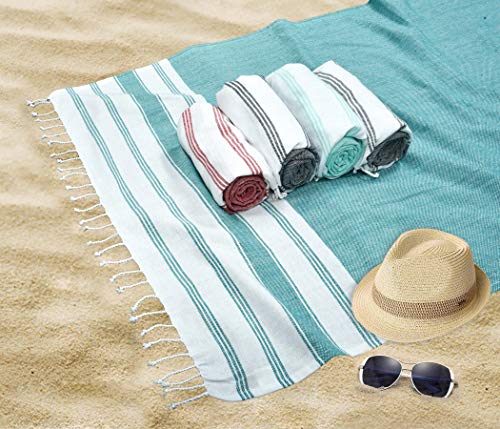 GLAMBURG Peshtemal Turkish Beach Towel 100% Cotton Oversized 36x71 Set of 6 for Adults, Soft Durable Absorbent Extra Large Hammam Bath Sheet - Teal