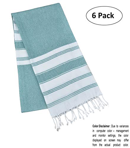 GLAMBURG Peshtemal Turkish Beach Towel 100% Cotton Oversized 36x71 Set of 6 for Adults, Soft Durable Absorbent Extra Large Hammam Bath Sheet - Teal