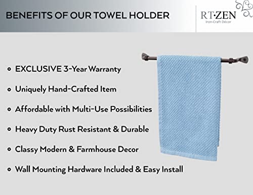 RTZEN Small Elegant Bathroom Hand Towel Holder - Fancy Wrought Iron Kitchen Towel Bar Wall Mount Rod - Matte Black Towel Hanger for Home Kitchen or Office - 13" Rack Fits 10" Hand Towels