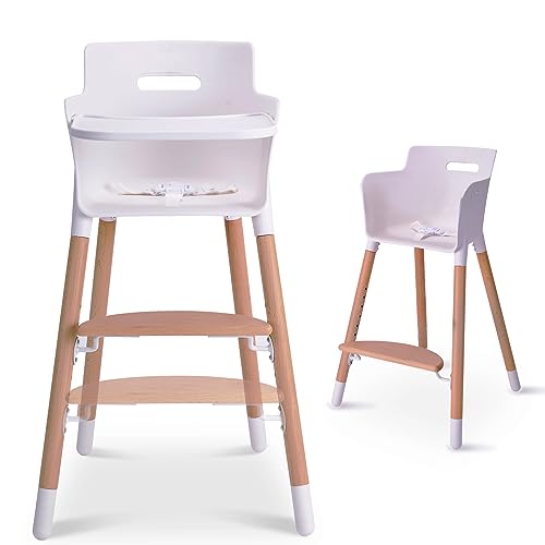 Baby High Chair, Wooden High Chairs for Babies & Toddlers, Highchair with Adjustable Footrest, Removable Tray, Ergonomic Seat Back, Easy to Assemble & Clean, 6 Months to 10 Years Old, White