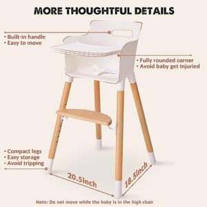 Baby High Chair, Wooden High Chairs for Babies & Toddlers, Highchair with Adjustable Footrest, Removable Tray, Ergonomic Seat Back, Easy to Assemble & Clean, 6 Months to 10 Years Old, White