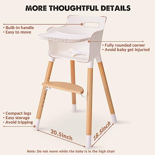 Baby High Chair, Wooden High Chairs for Babies & Toddlers, Highchair with Adjustable Footrest, Removable Tray, Ergonomic Seat Back, Easy to Assemble & Clean, 6 Months to 10 Years Old, White