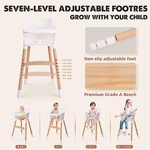 Baby High Chair, Wooden High Chairs for Babies & Toddlers, Highchair with Adjustable Footrest, Removable Tray, Ergonomic Seat Back, Easy to Assemble & Clean, 6 Months to 10 Years Old, White