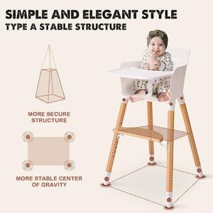 Baby High Chair, Wooden High Chairs for Babies & Toddlers, Highchair with Adjustable Footrest, Removable Tray, Ergonomic Seat Back, Easy to Assemble & Clean, 6 Months to 10 Years Old, White