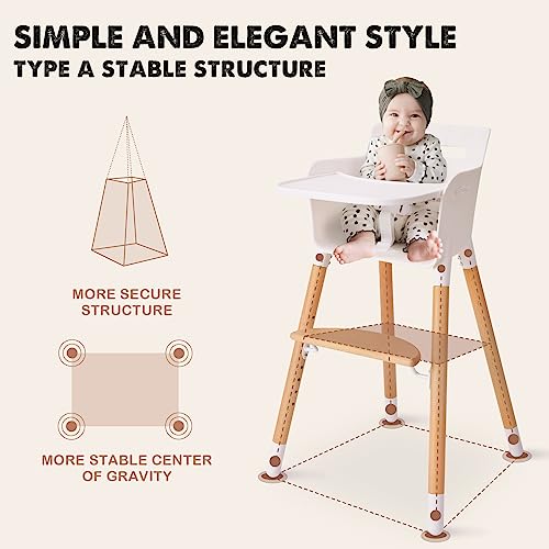 Baby High Chair, Wooden High Chairs for Babies & Toddlers, Highchair with Adjustable Footrest, Removable Tray, Ergonomic Seat Back, Easy to Assemble & Clean, 6 Months to 10 Years Old, White