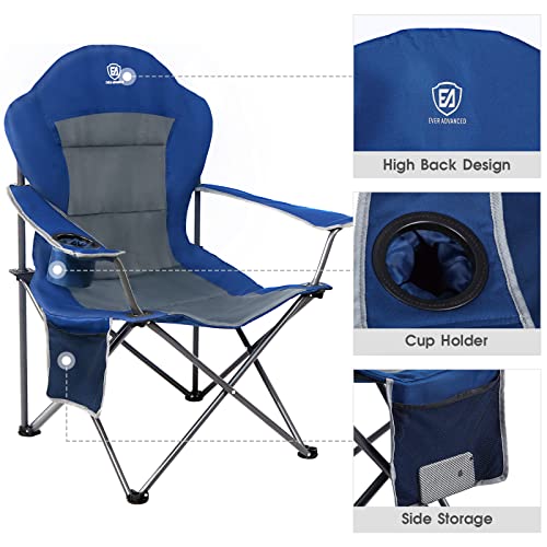 EVER ADVANCED High Back Folding Camping Chair Oversized and Fully Padded, Portable Quad Camp Lawn Chair Up to 300 lbs, with Cup Holder Armrest Carrying Bag