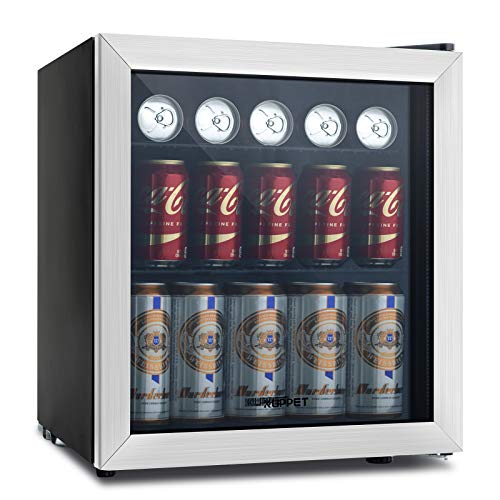 KUPPET 62-Can Beverage Cooler and Refrigerator, Small Mini Fridge for Home, Office or Bar with Glass Door and Adjustable Removable Shelves, Perfect for Soda Beer or Wine, Stainless Steel, 1.6 Cu.Ft.