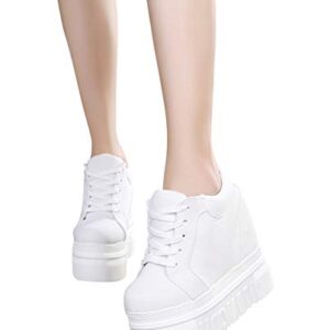 ACE SHOCK Women Fashion Platform Sneakers Wide Width High Hidden Heel Wedge Walking Shoes (7, Without Flower White)