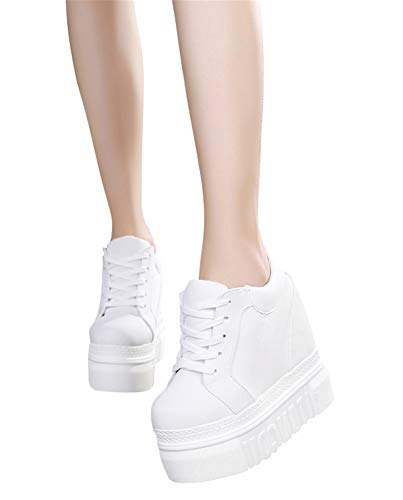 ACE SHOCK Women Fashion Platform Sneakers Wide Width High Hidden Heel Wedge Walking Shoes (7, Without Flower White)