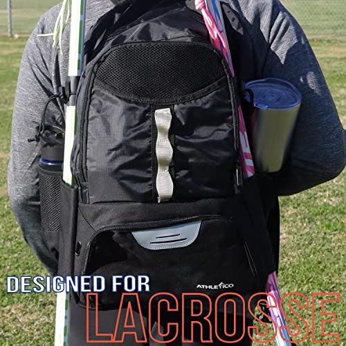 Athletico Turf Lacrosse Bag - Extra Large Lacrosse Backpack - Holds All Lacrosse or Field Hockey Equipment - Two Stick Holders and Separate Cleats Compartment (Black)