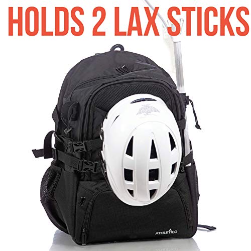 Athletico Turf Lacrosse Bag - Extra Large Lacrosse Backpack - Holds All Lacrosse or Field Hockey Equipment - Two Stick Holders and Separate Cleats Compartment (Black)