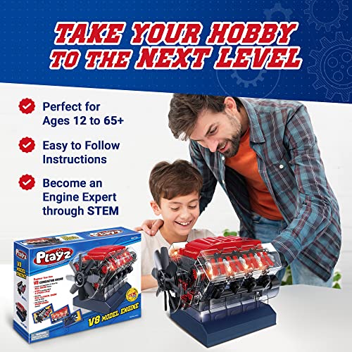 Playz V8 Combustion Engine Model Building Kit for Kids, Adults - STEM Hobby Toy, Educational Engineering & Science Kit for Aspiring Engineers Ages 12+ w/ DIY Guide & Realistic Mini Parts That Run