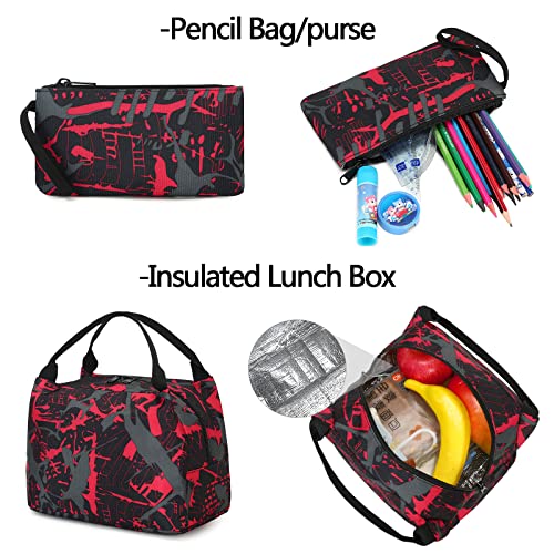 Bluboon School Backpack for Boys Teens Bookbag Travel Daypack Kids Girls Lunch Bag Pencil Case (Red-3pcs)