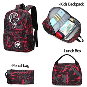 Bluboon School Backpack for Boys Teens Bookbag Travel Daypack Kids Girls Lunch Bag Pencil Case (Red-3pcs)