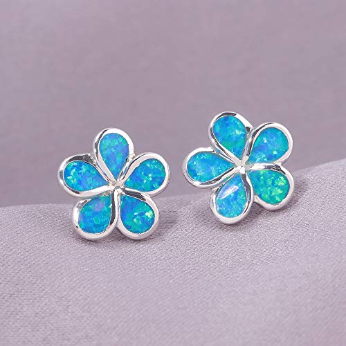 CiNily Flower Stud Earrings,Blue Opal Stud Earrings 14K White Gold Plated Hypoallergenic Flower Earrings Jewelry Gift for mom,Girls,Women