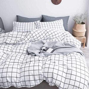 twin size duvet cover set, white plaid microfiber down quilt bedding cover with zip ties, farmhouse for women men boys girls teen , 2 piece - 68x90 inch xl extra long, prepy college dorm grid bed sets