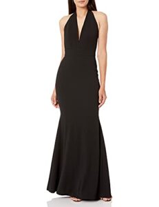 dress the population womens camden sleeveless halter plunging long stretch gown dress, black, medium us