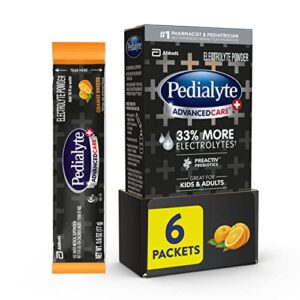 pedialyte advancedcare plus electrolyte powder, with 33% more electrolytes and preactiv prebiotics, orange breeze, electrolyte drink powder packets, 0.6 oz, 6 count