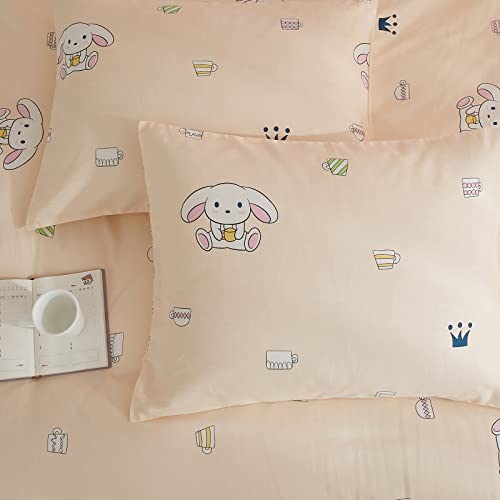 STACYPIK Girl Duvet Cover Twin Cup Rabbit Print Kawaii Soft Bedding Duvet Cover Set-Solid Pale Pink 100% Cotton Comforter Cover Bedding Collections Cute Animal for Kids Teen Women with Zipper Ties